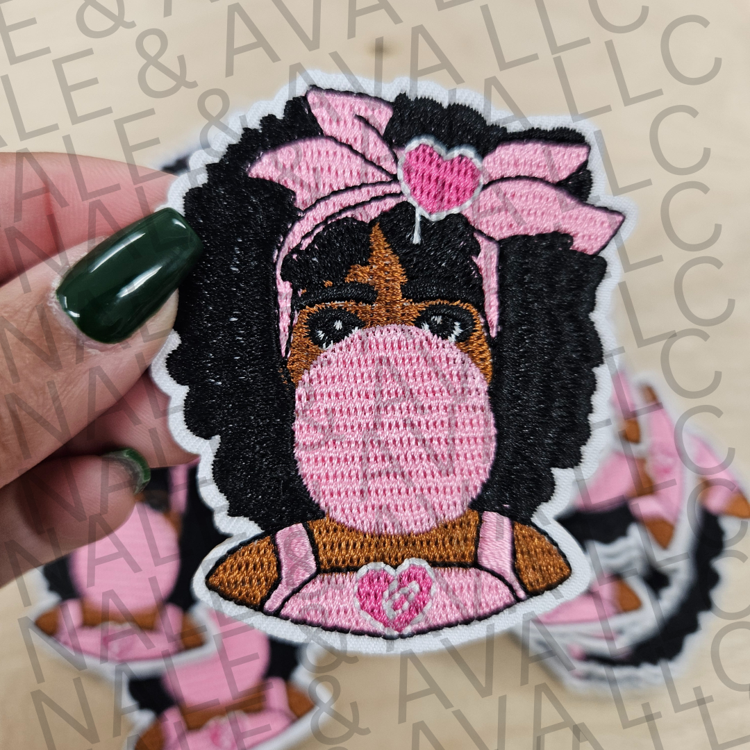 Black Girl Bubble Gum Hat Patch | Iron-On Embroidered Patch for Custom ...